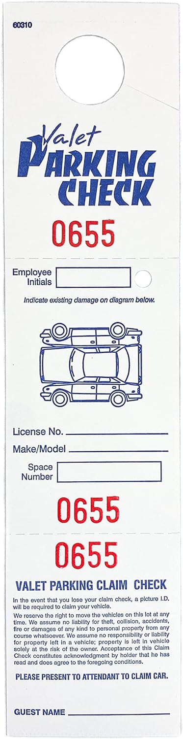 Blank White Valet Tag Claim Check for Hotel and Restaurant Valet Parki
